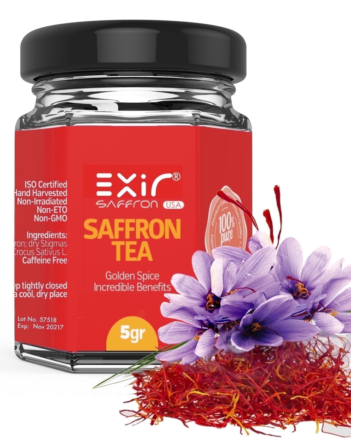 Exir Saffron Loose Herbal Tea, Caffeine-free, Net Weight 5g Glass Jar ...