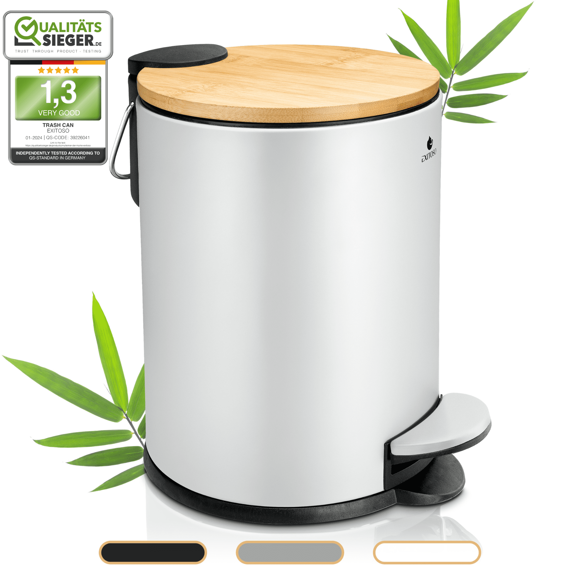Exitoso® Bathroom Trash Can with Lid - Quiet Soft Close, Bamboo Lid, 0. ...