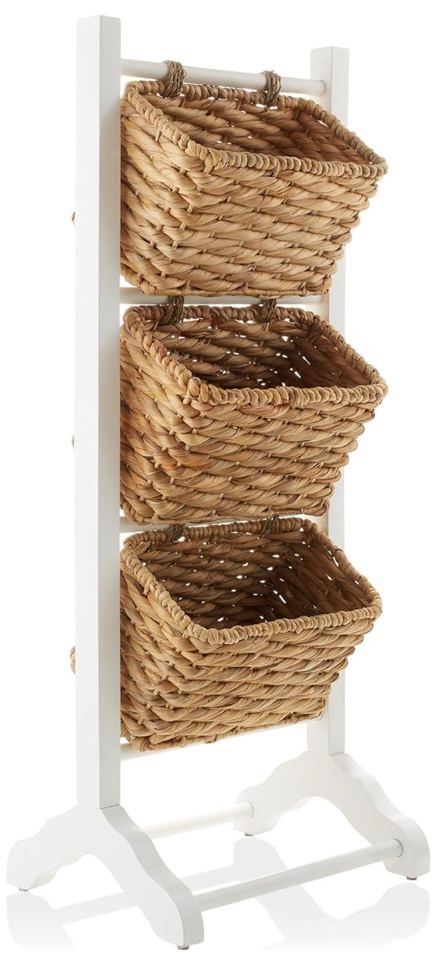 Exlonjet 3-Tier Floor Stand with Water Hyacinth Storage Baskets, White ...