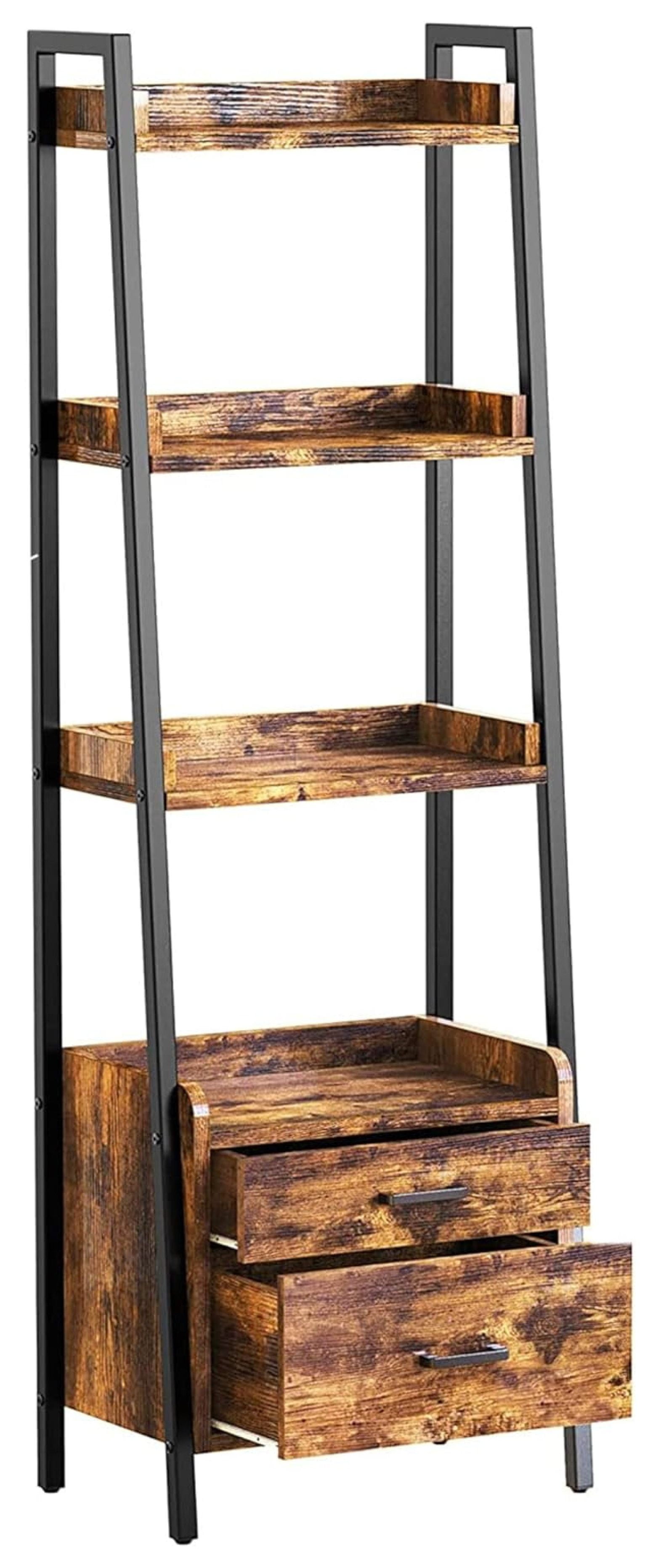 Exlonjet 4-Tier Ladder Shelf Bookcase with 2 Drawer Organizer Display ...