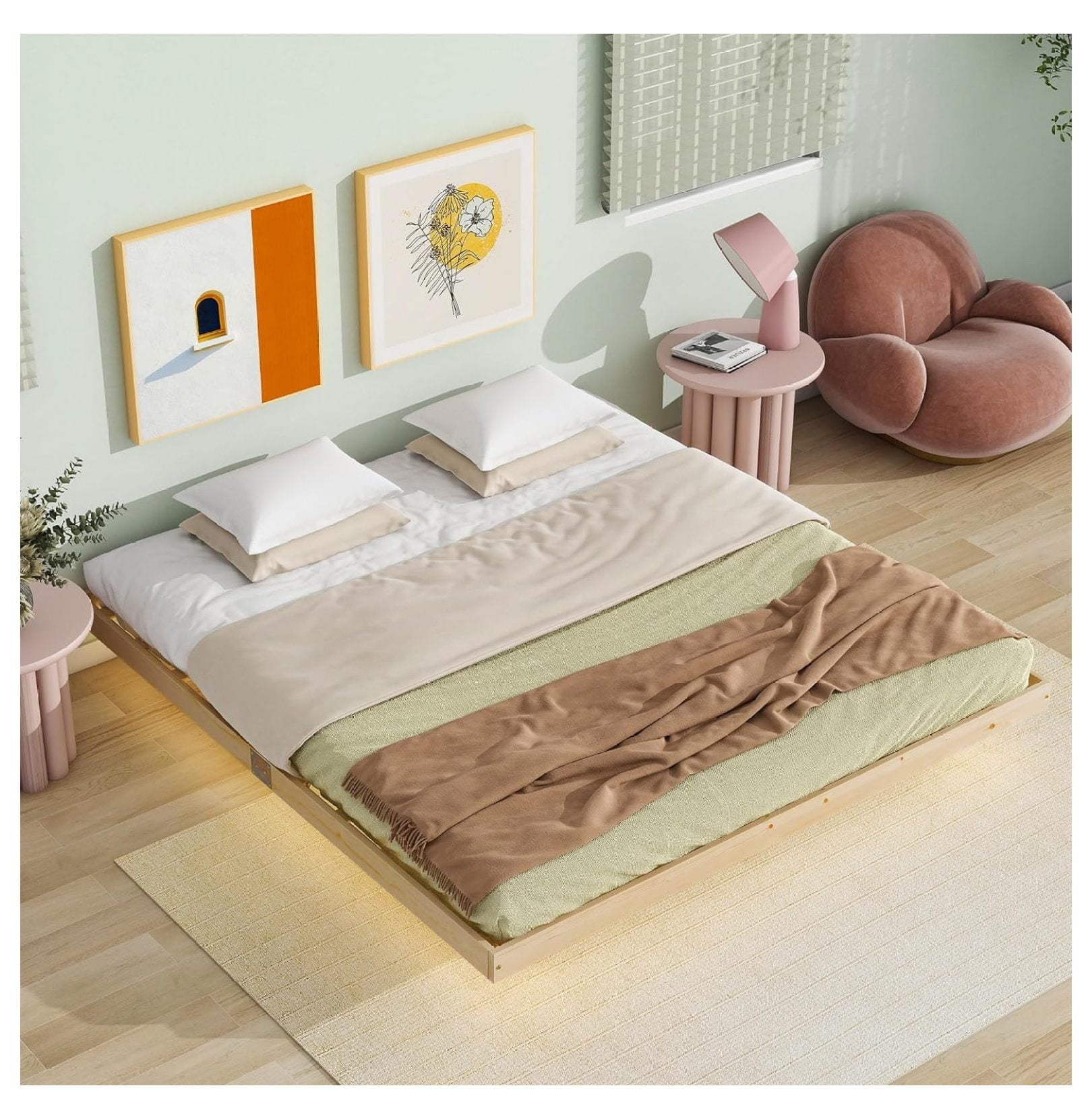 Exlonjet King Size Floating Bed with LED Lights, Low Profile Platform ...