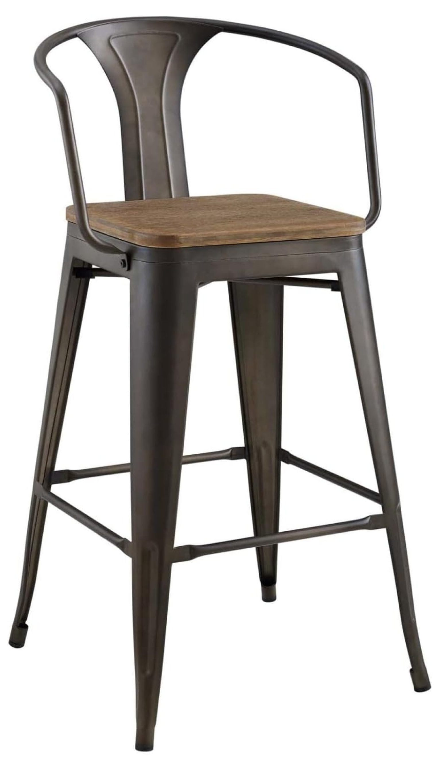 Exlonjet Promenade Industrial Modern Steel Bistro Bar Stool with Arms and Bamboo Seat in Brown ...