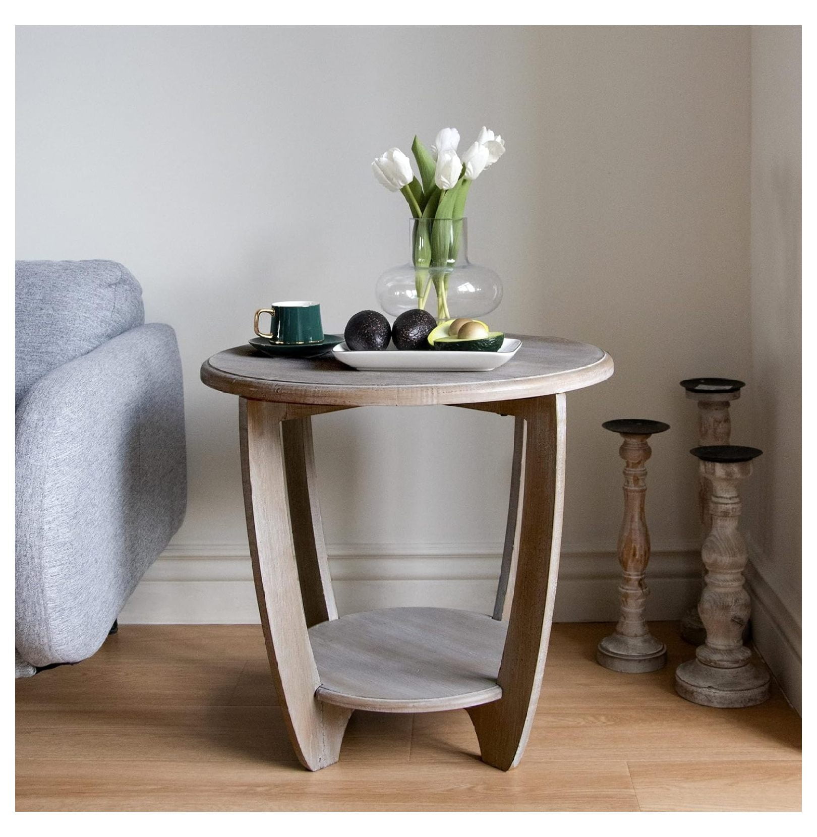 Exlonjet Round Farmhouse End Table with Storage Shelf, French Country ...