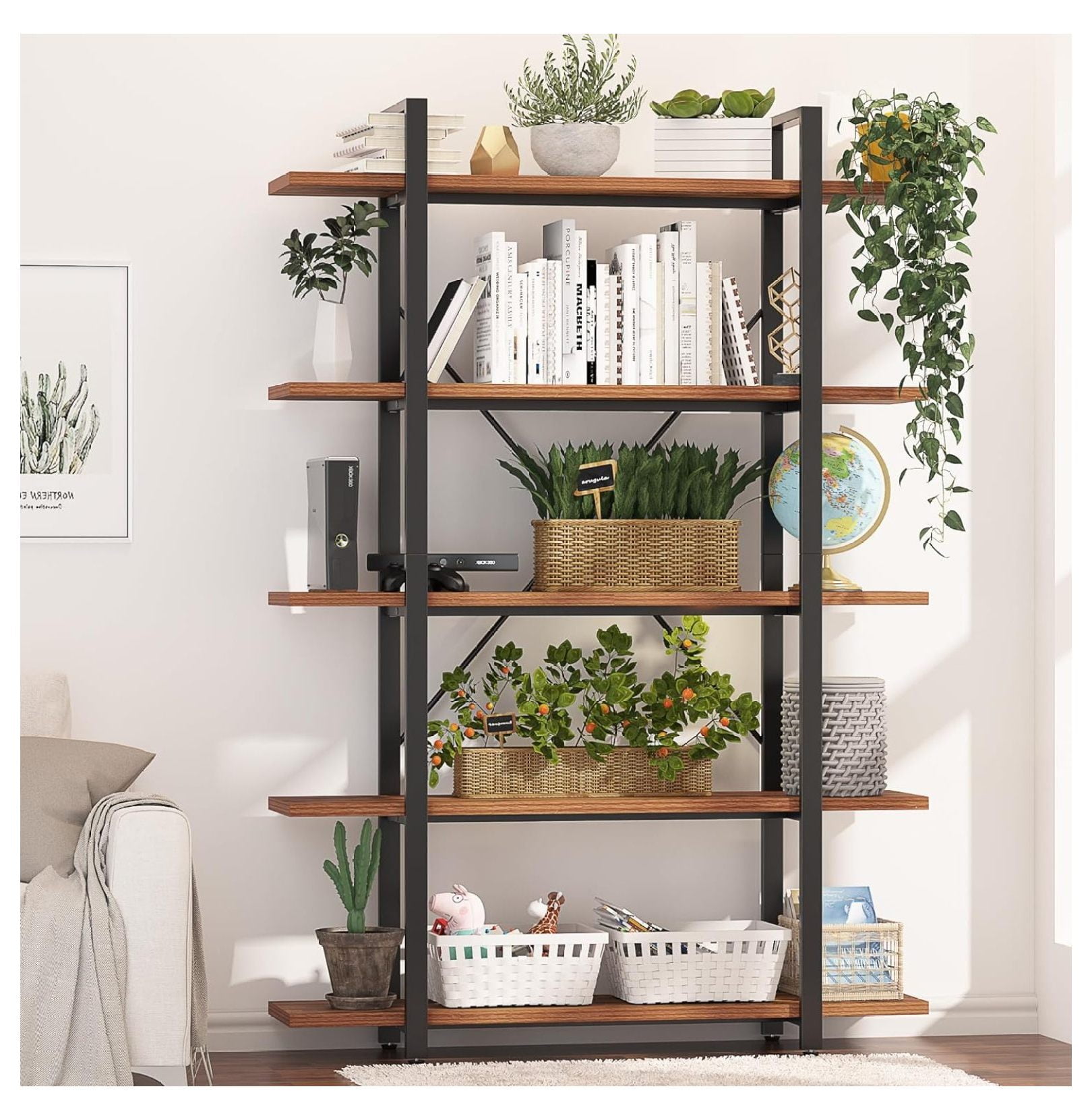 Exlonjet Wood and Metal Minimalist 5 Tier Bookshelf, 6 feet Tall Open ...
