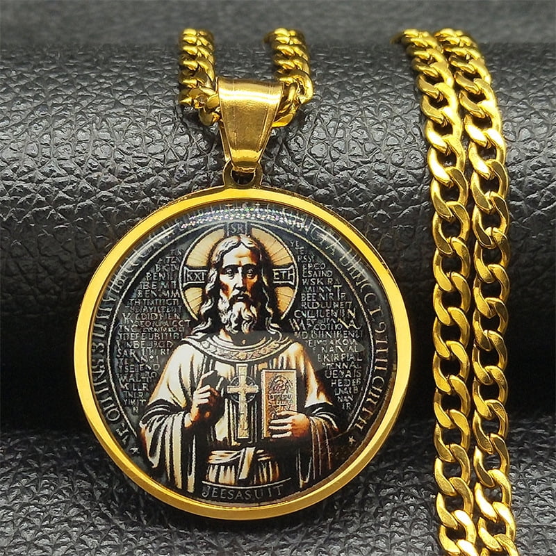 Exorcist Saint Benedict Holy medal 14K Yellow Gold Glass Necklace Seal ...