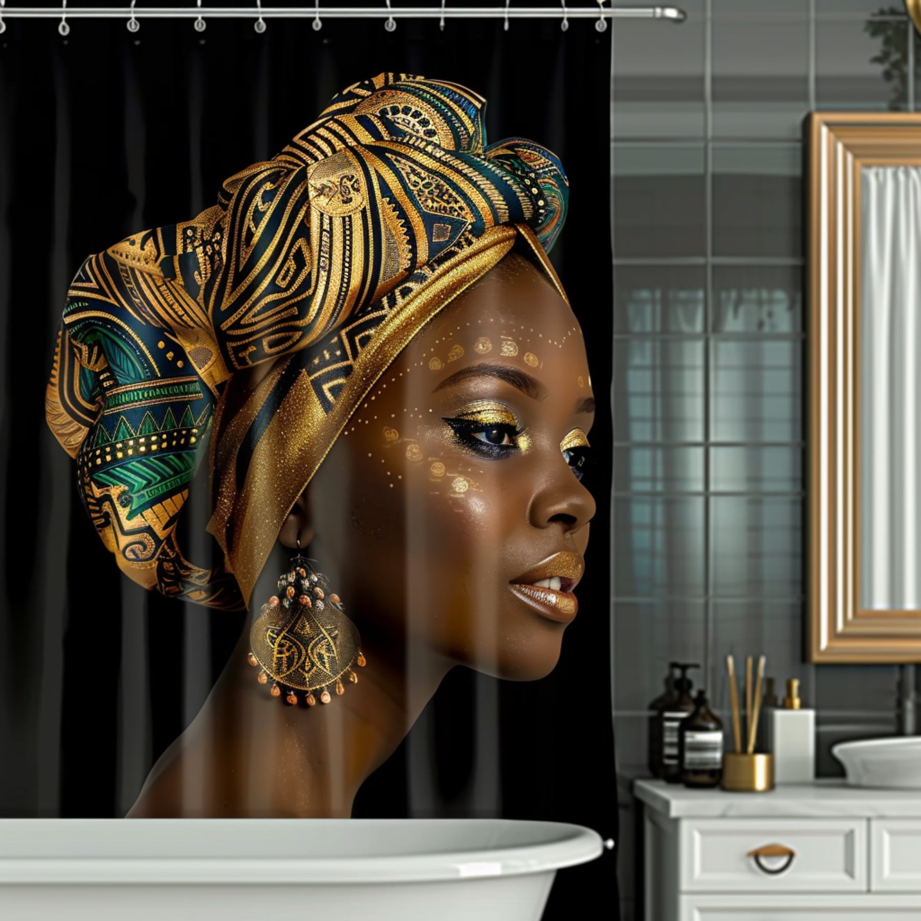 Exotic African American Woman Shower Curtain Stunning Tribal Head Wrap ...
