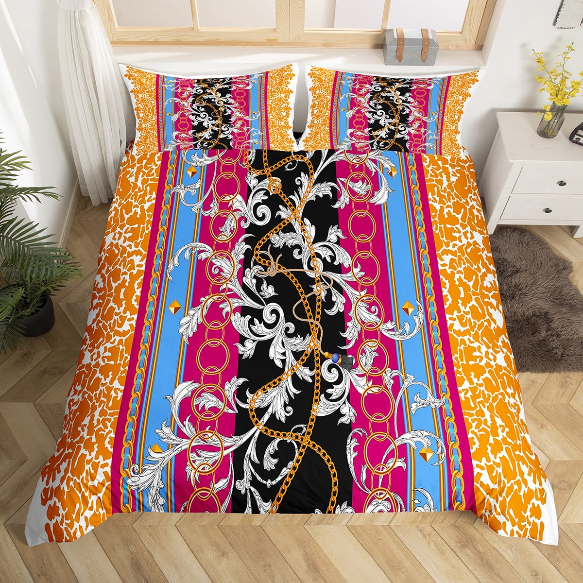 Exotic Baroque Bedding Set Watercolor Flowers Comforter Cover Chains ...