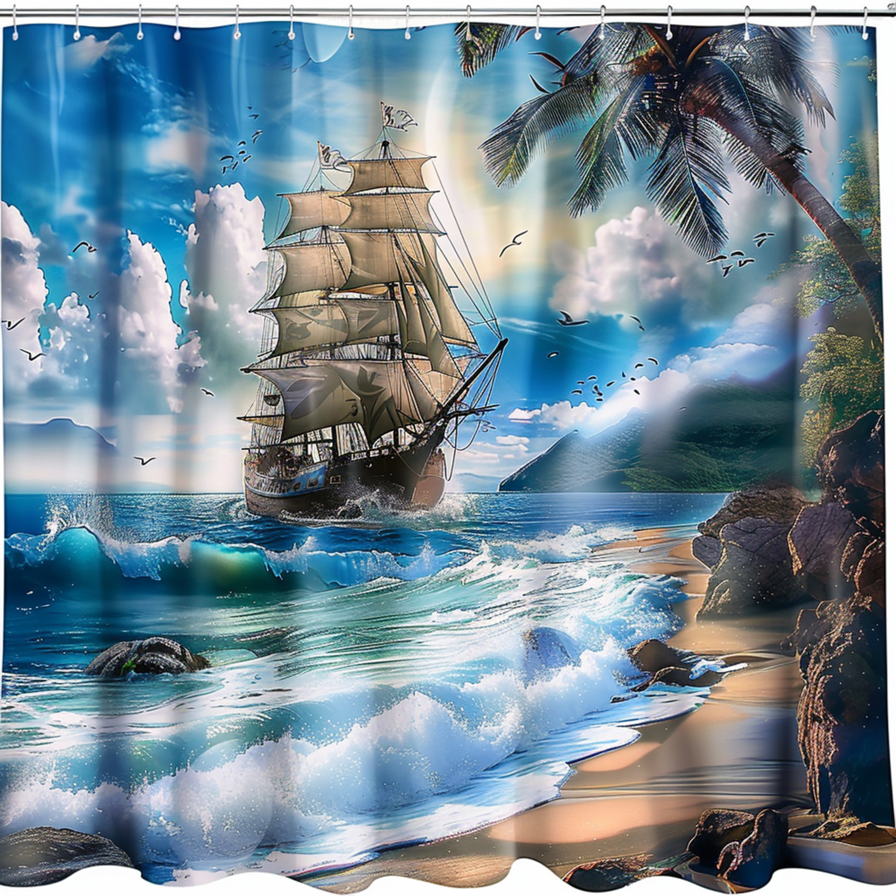 Exotic Beach Pirate Ship Shower Curtain Ocean Landscape Print With Palm