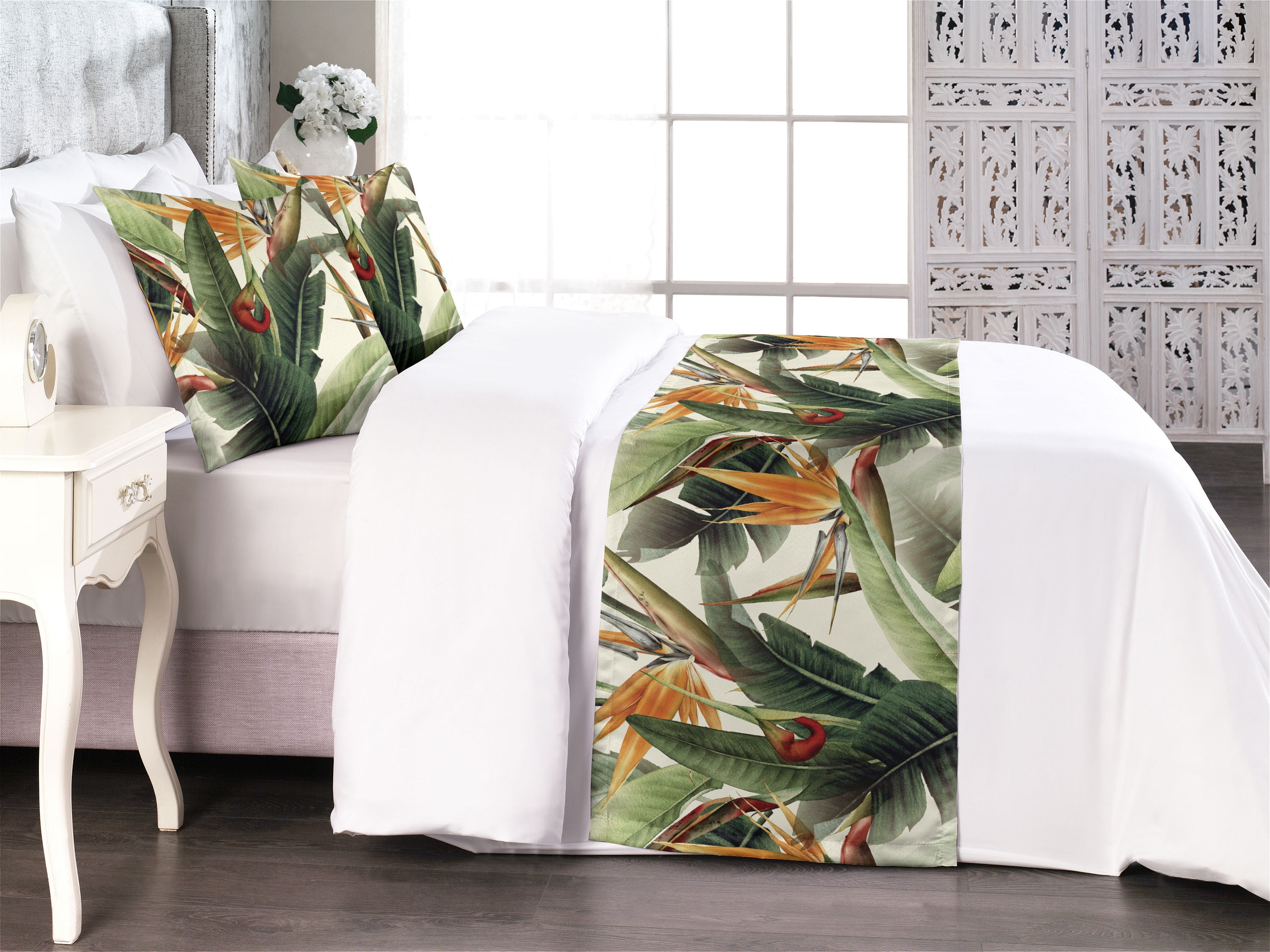 Exotic Bed Runner Set, Bird of Paradise Flowers Tropical Design Pattern ...