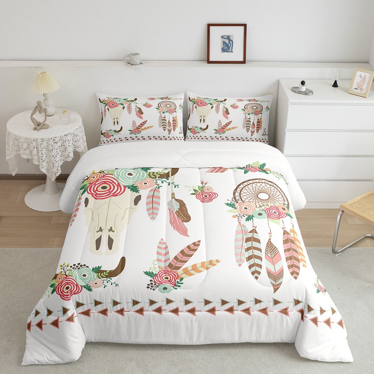 Exotic Bull Skull Bedding Set Boho Floral Dream Catchers Quilt Bohemian