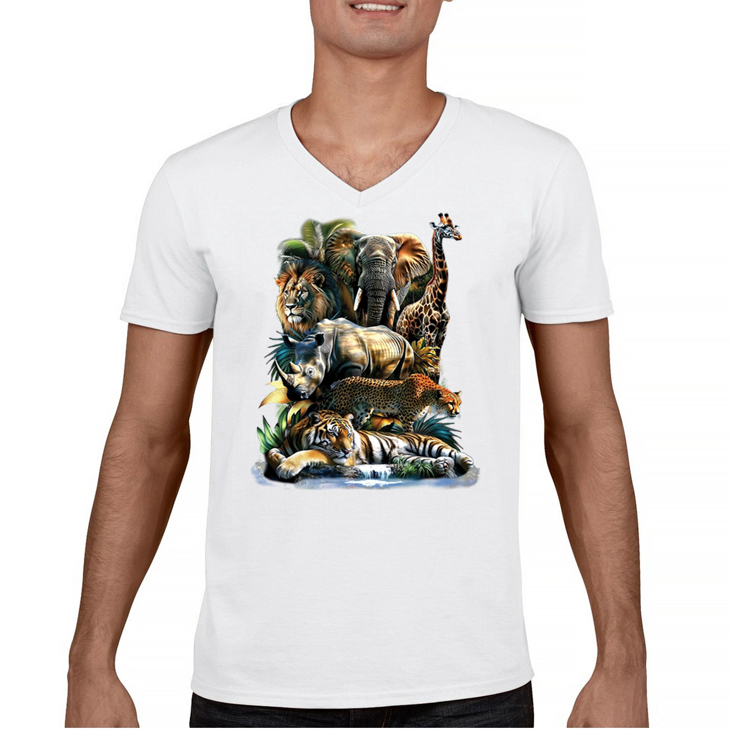 Exotic Collage V-Neck T-shirt Jungle Safari Animal Big Cats Wild Nature ...