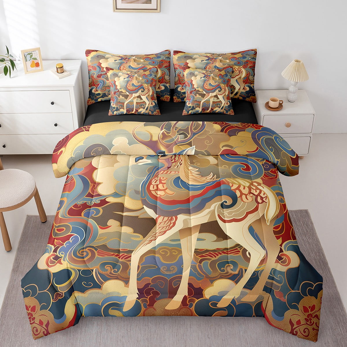 Exotic Deer Comforter Set 7 Piece King Oriental Aesthetic Art Bedding ...