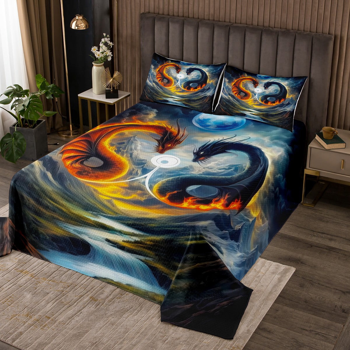 Exotic Dragon Fighting Quilt Set Twin,Zen Bedding Yin Yang Animals ...