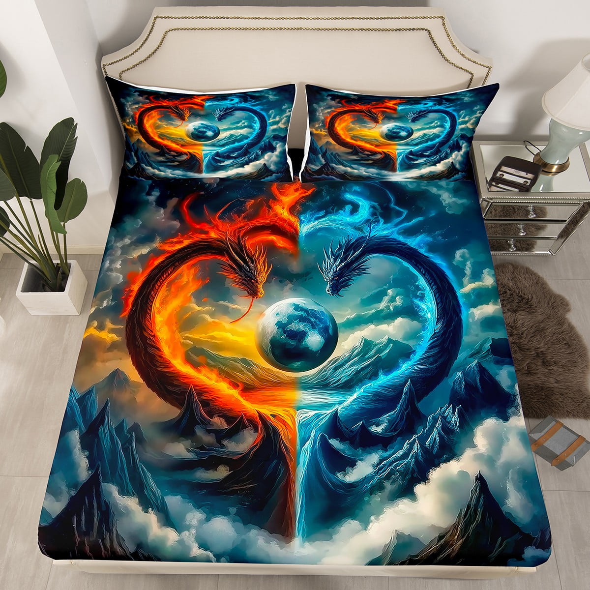 Exotic Dragon Fitted Sheet Queen Size,Dragon Fighting Red Blue Bedding ...