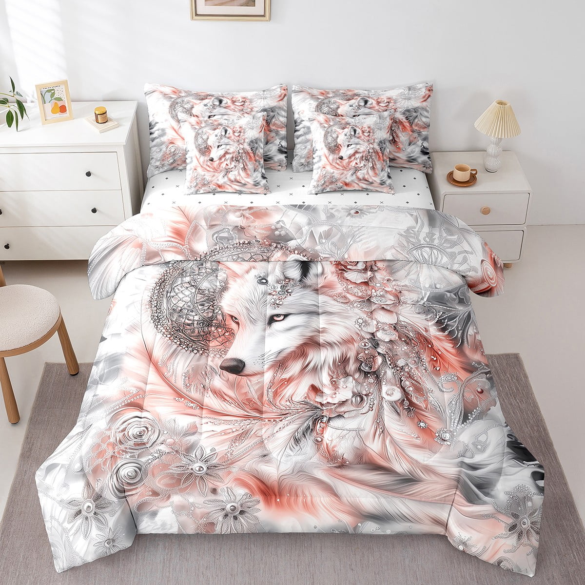 Exotic Dream Catcher Bedding Set Boho Wildlife Wolf Queen Comforter Set Woodland Animal ...
