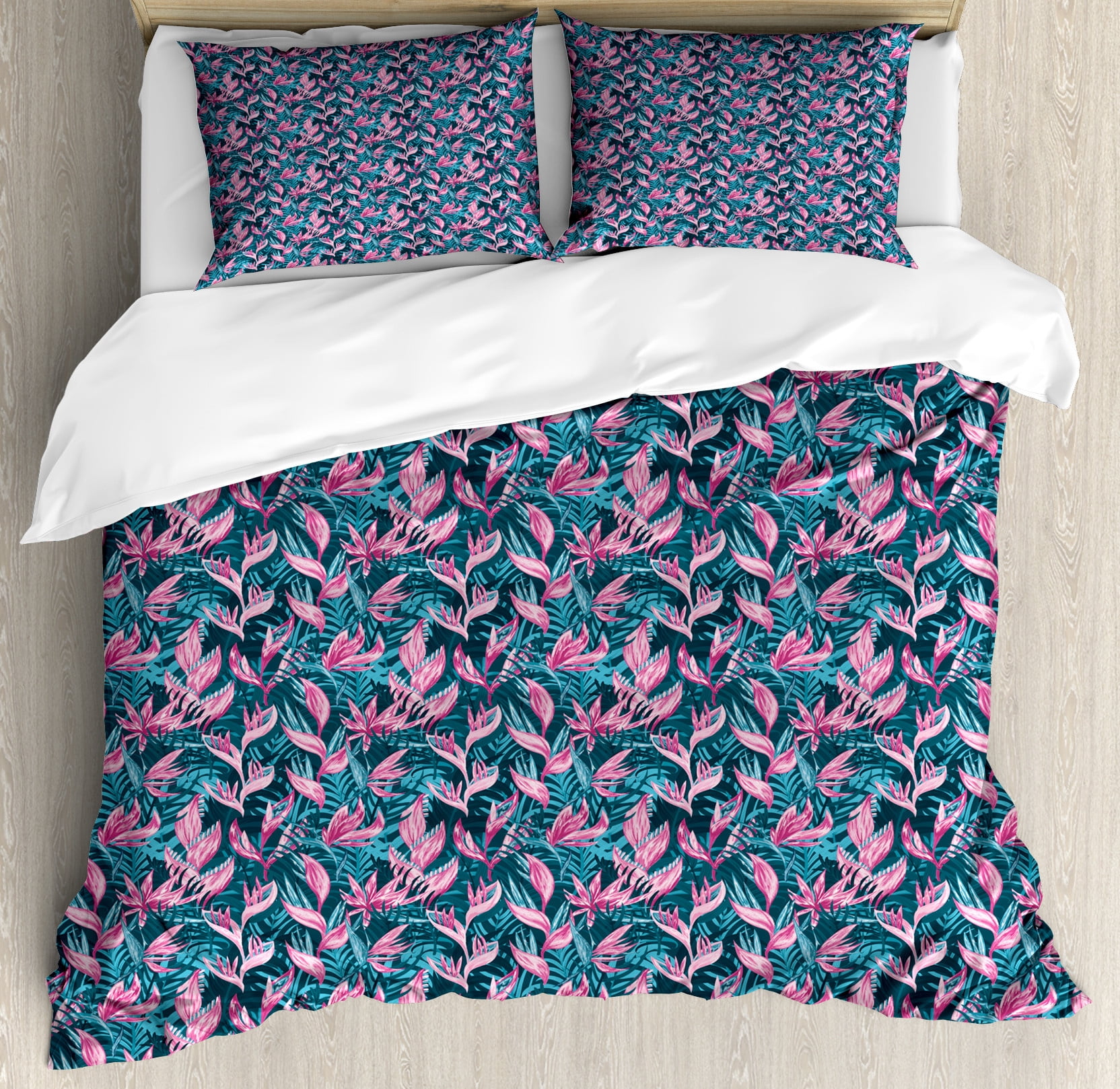 Exotic Duvet Cover Set, Aloha Bird of Paradise Blooms Tropical Leaves ...