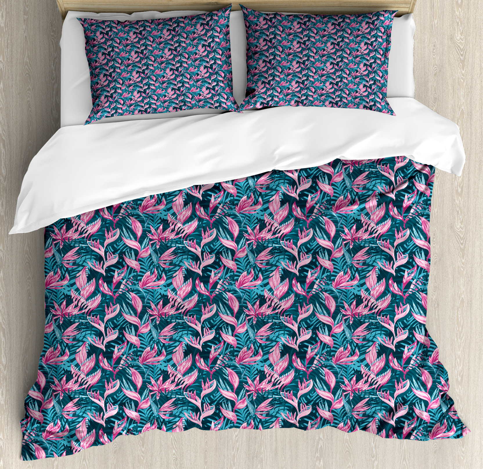 Exotic Duvet Cover Set, Aloha Bird of Paradise Blooms Tropical Leaves ...