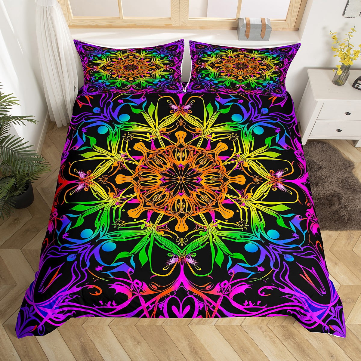 Exotic Duvet Cover Set Bohemian Flowers Queen Bedding Sets,Boho Mandala ...