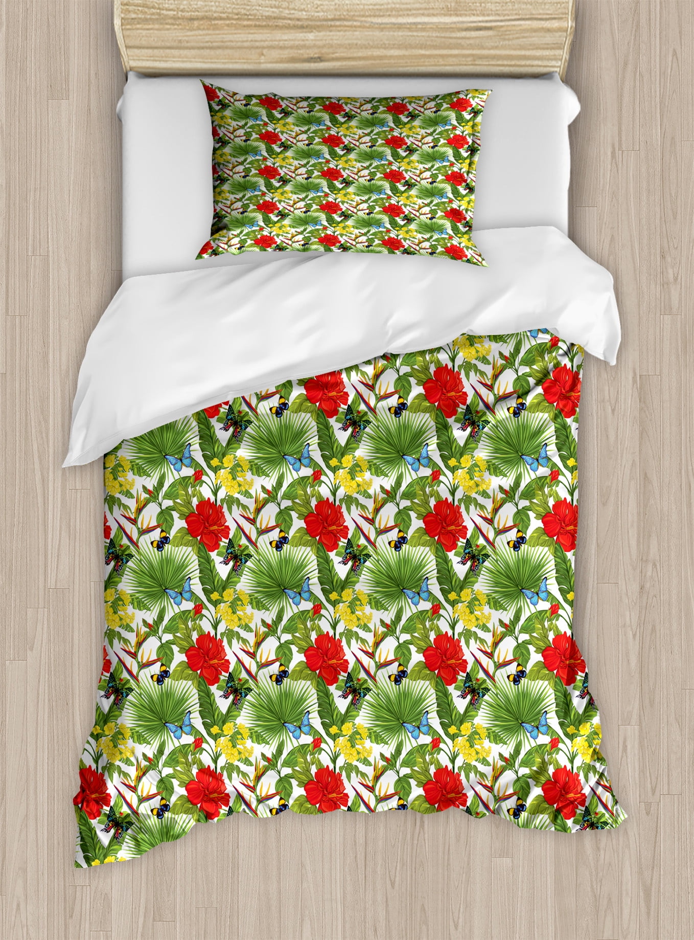 Exotic Duvet Cover Set, Colorful Butterflies Hibiscus Flower Strelitzia ...