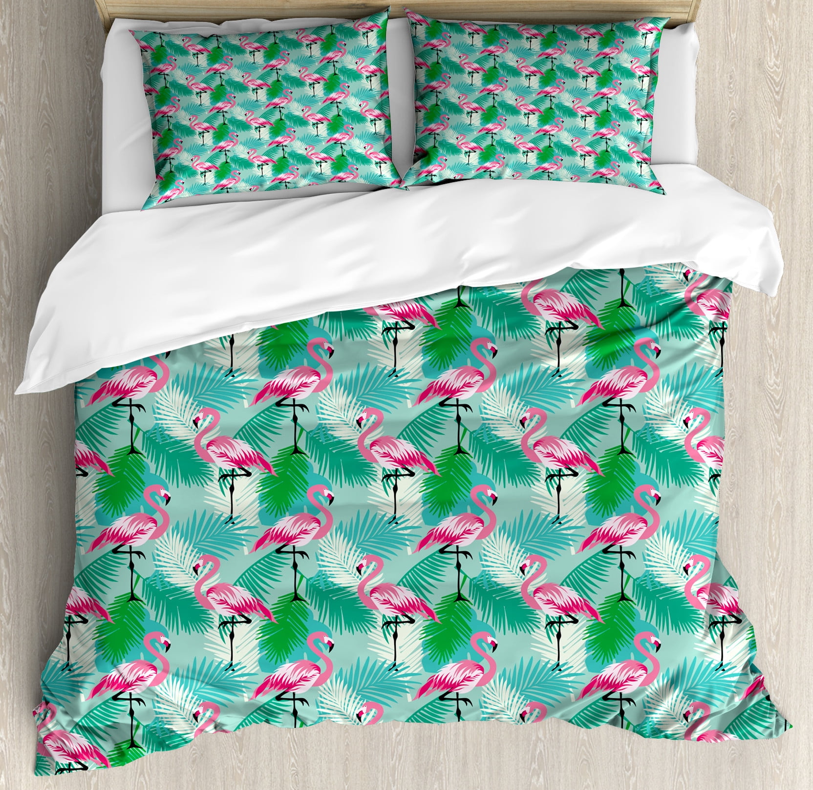 Exotic Duvet Cover Set, Layout of Flamingos Standing on One Foot with ...