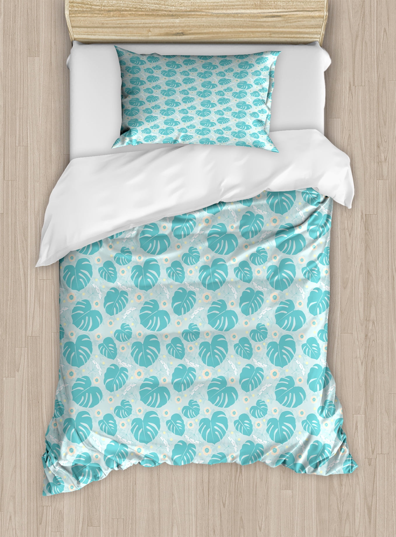 Exotic Duvet Cover Set, Pastel Monstera Leaves Tropic Flora Petals ...