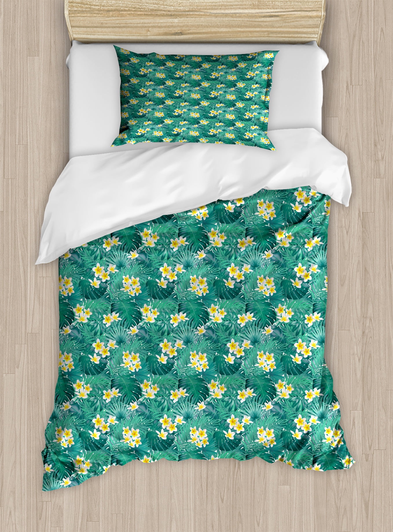 Exotic Duvet Cover Set, Rhythmic Plumeria Hidden in Palm and Monstera ...