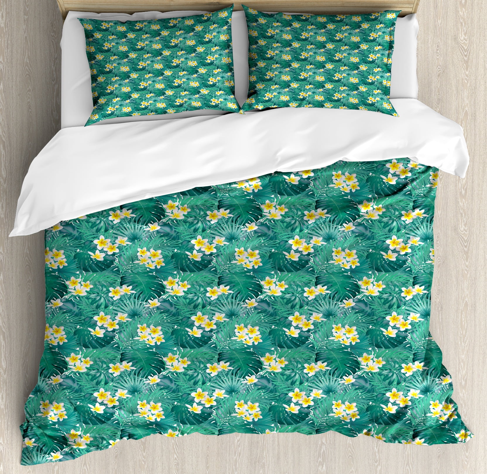 Exotic Duvet Cover Set, Rhythmic Plumeria Hidden in Palm and Monstera ...
