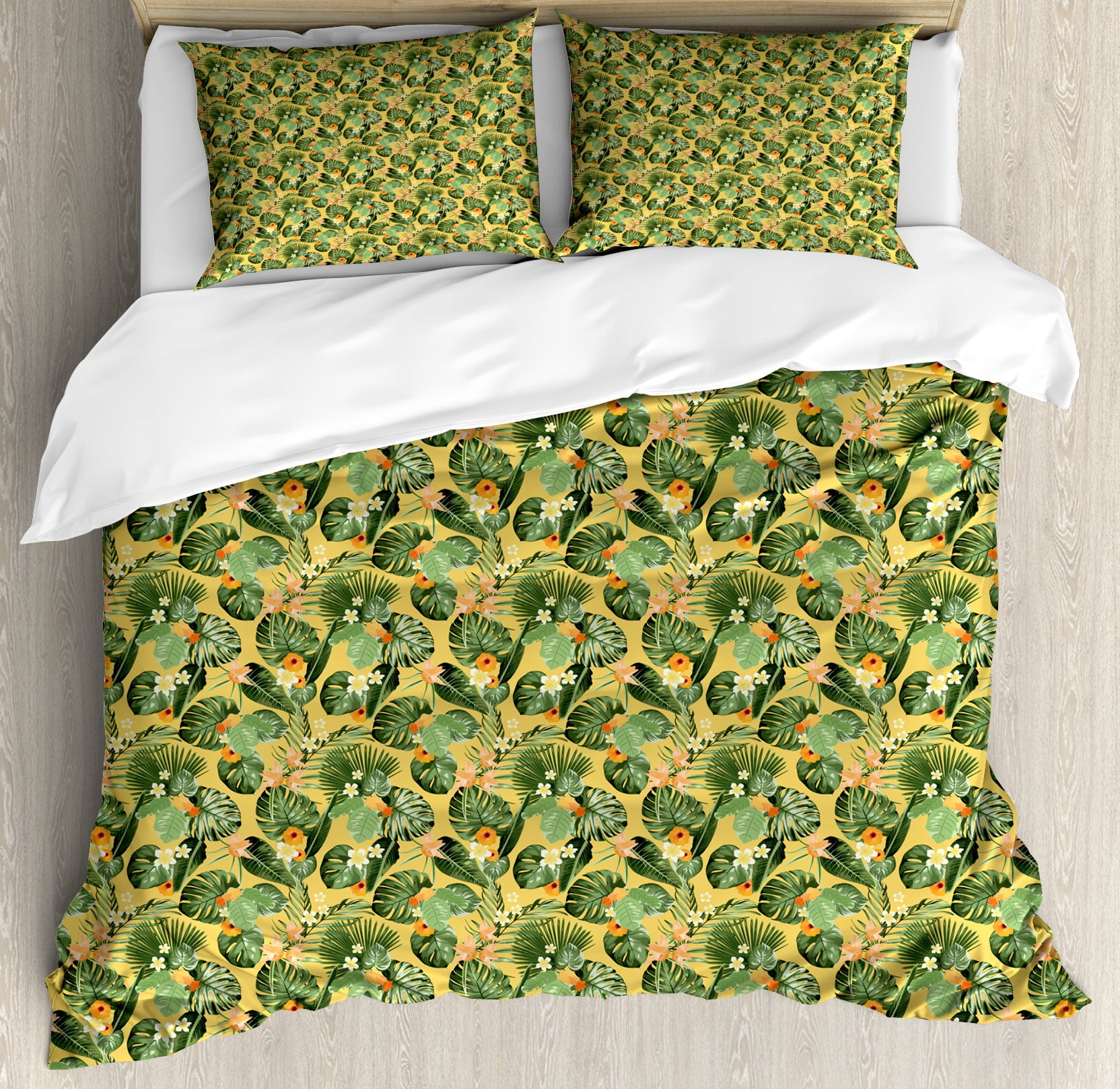 Exotic Duvet Cover Set, Summer Pattern Blossoms Monstera Hibiscus ...
