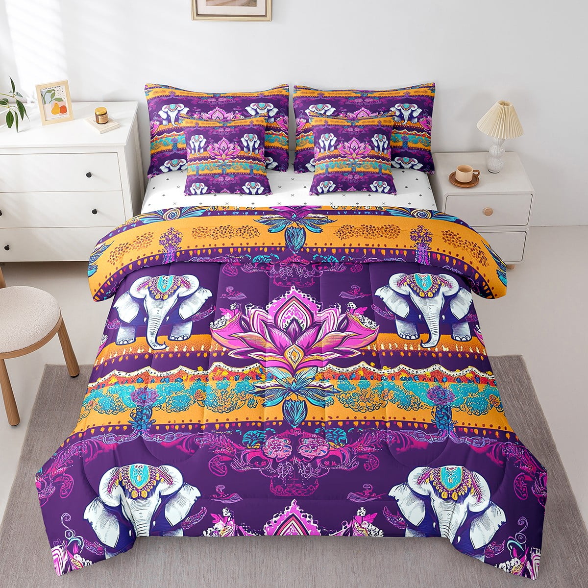 Exotic Elephant Comforter Set 7 Piece Bed in a Bag Twin,Lotus Flowers ...