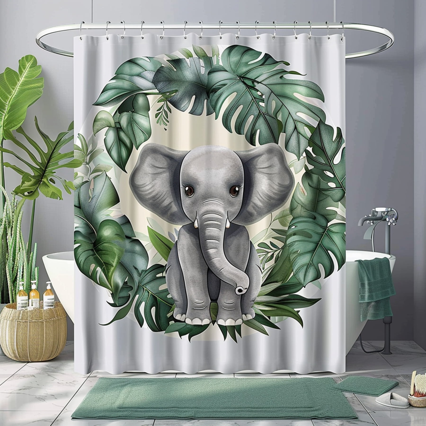 Exotic Elephant Jungle Shower Curtain Playful Tropical Leaves Design