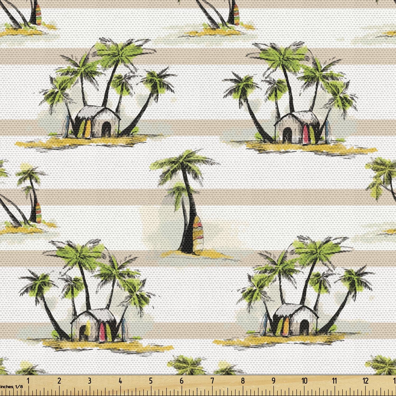 Exotic Fabric by the Yard, Hand Drawn Tropic House with Watercolor Palm ...
