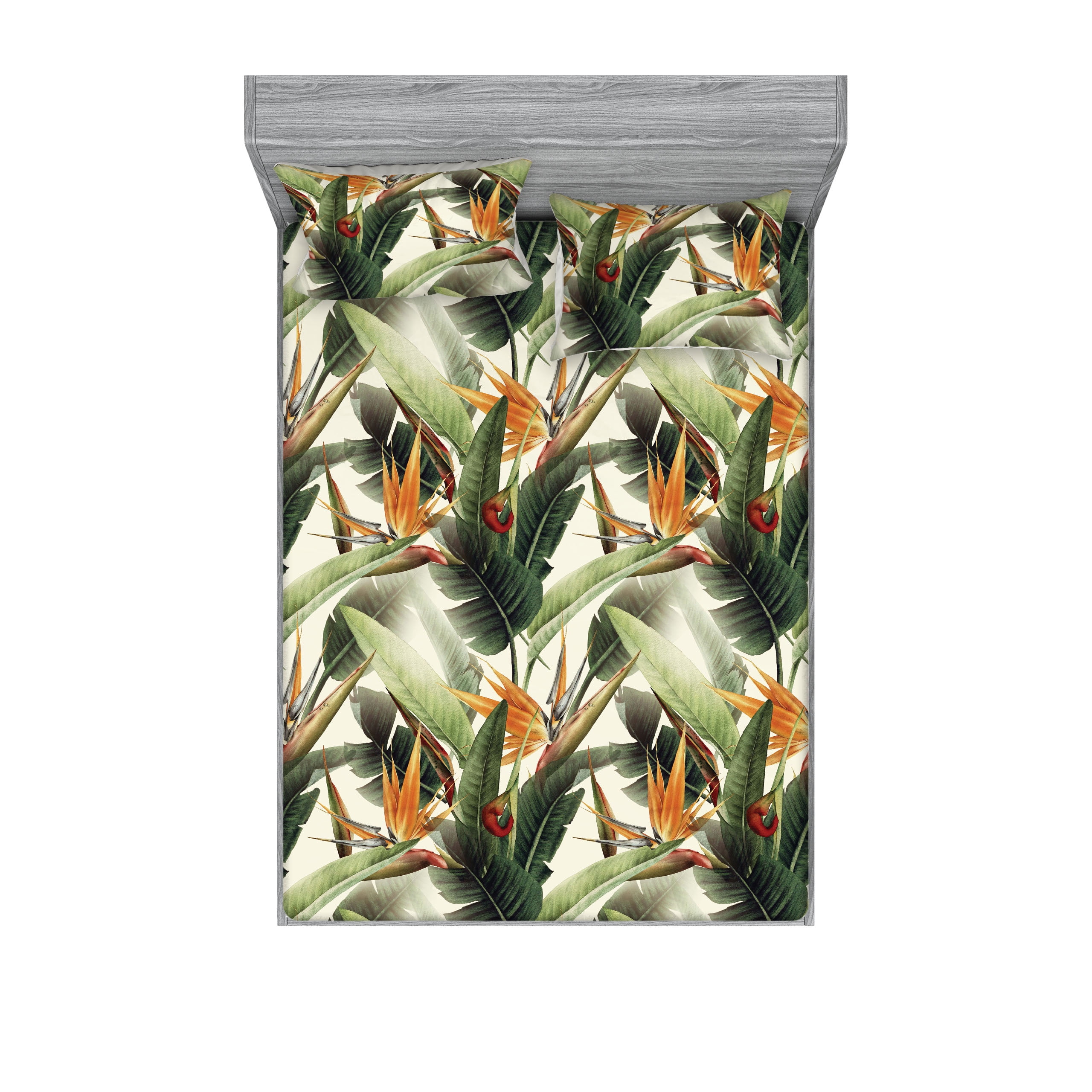 Exotic Fitted Sheet & Pillow Sham Set, Bird of Paradise Flowers ...
