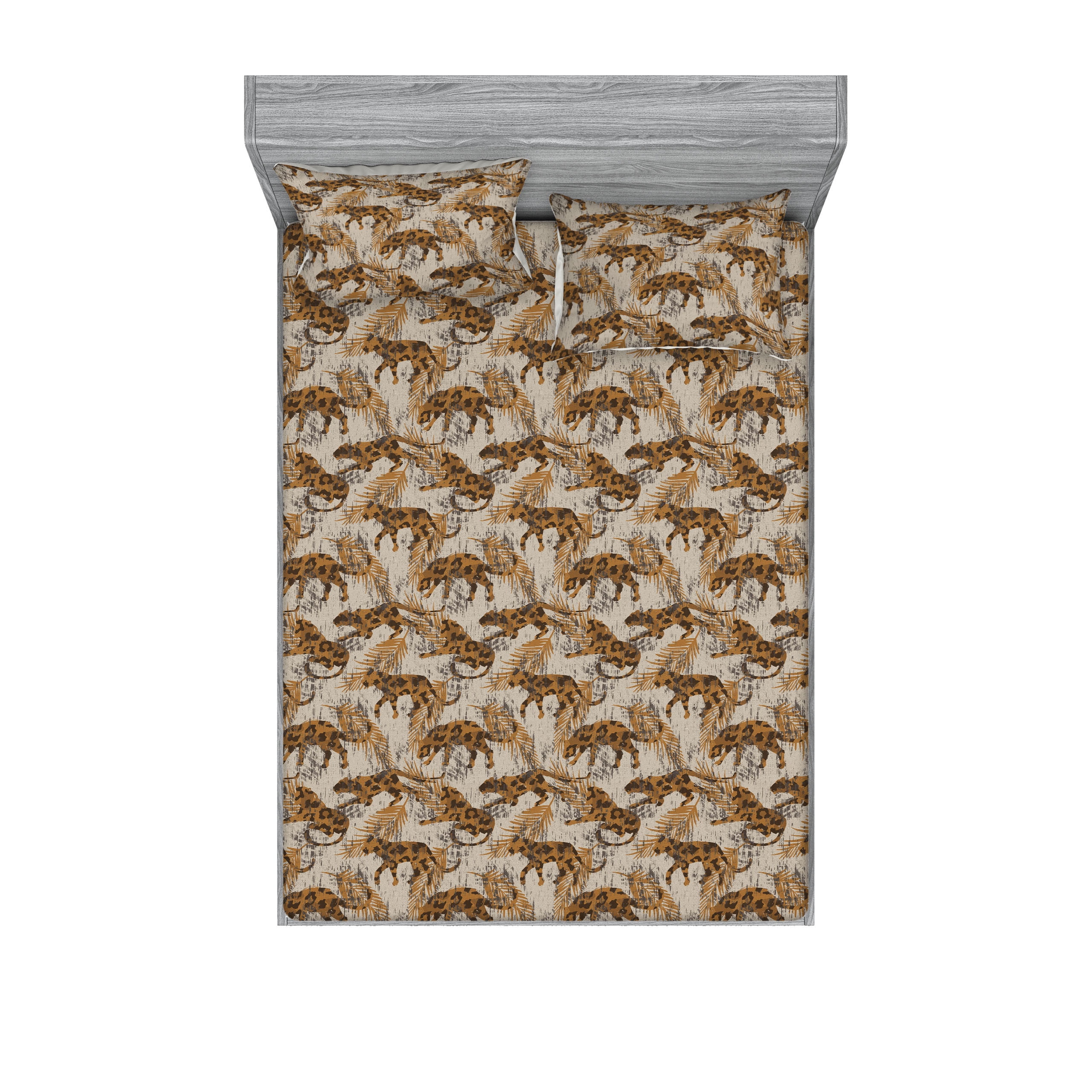 Exotic Fitted Sheet & Pillow Sham Set, Cheetah Animal and Leaves Earthy ...