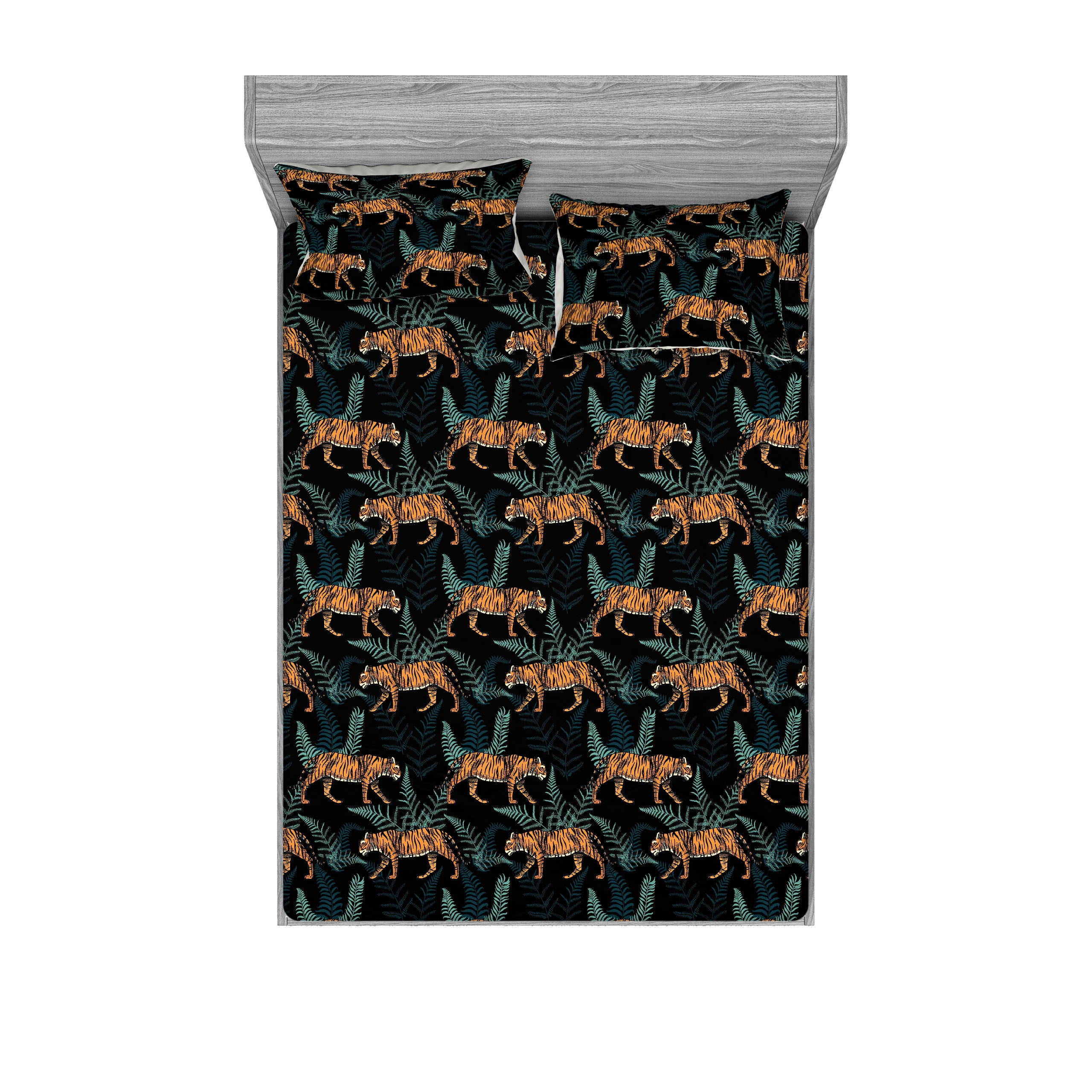 Exotic Fitted Sheet & Pillow Sham Set, Wild Life Theme Pattern of Tiger ...