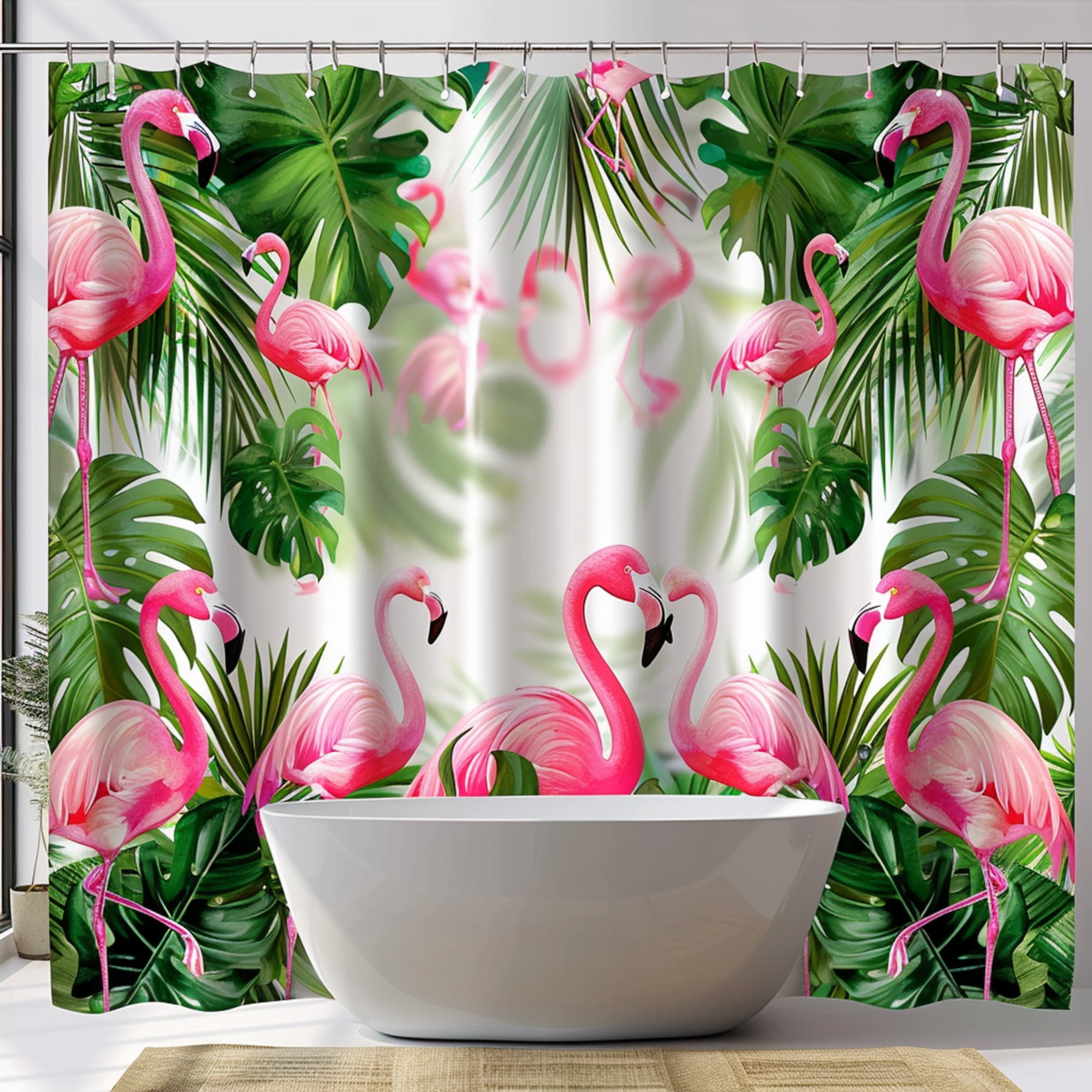 Exotic Flamingo Paradise Shower Curtain Tropical Rainforest Design Pink