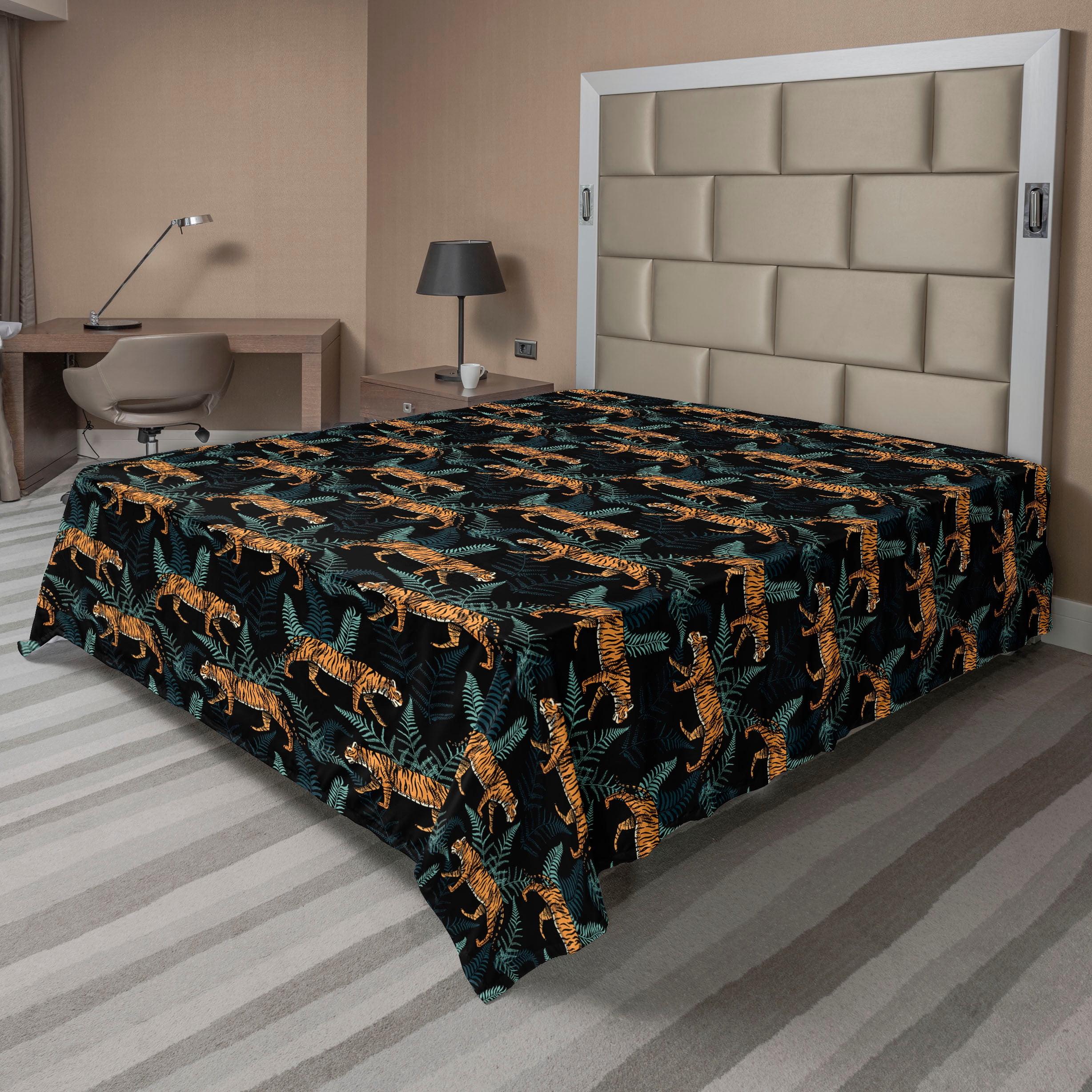 Exotic Flat Sheet, Wild Life Theme Pattern of Tiger and Tropical Leaves ...