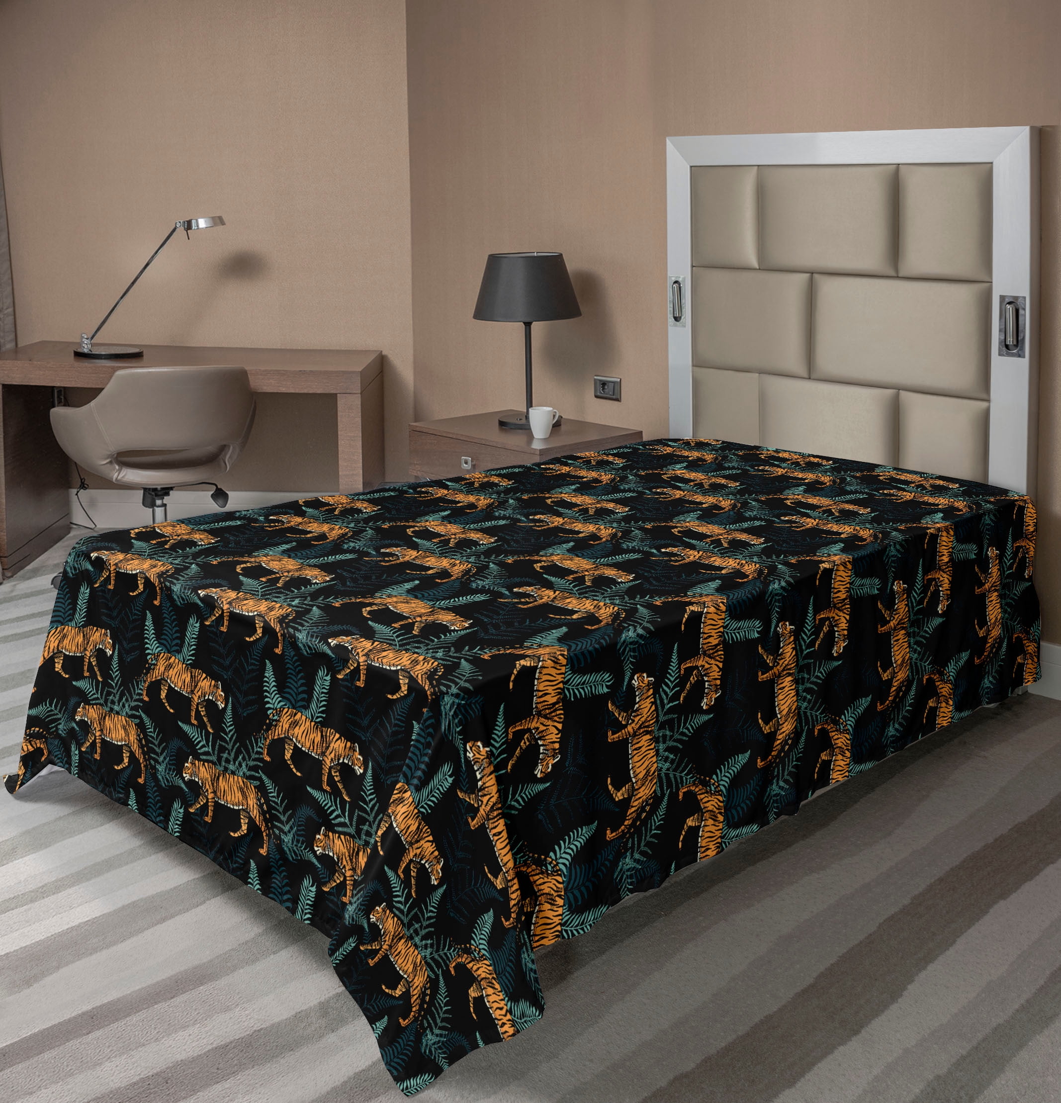 Exotic Flat Sheet, Wild Life Theme Pattern of Tiger and Tropical Leaves ...