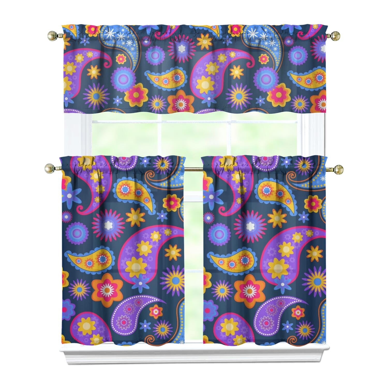 Exotic Floral Kitchen Curtains 3 PCS Set, Artistic Paisley Tier ...