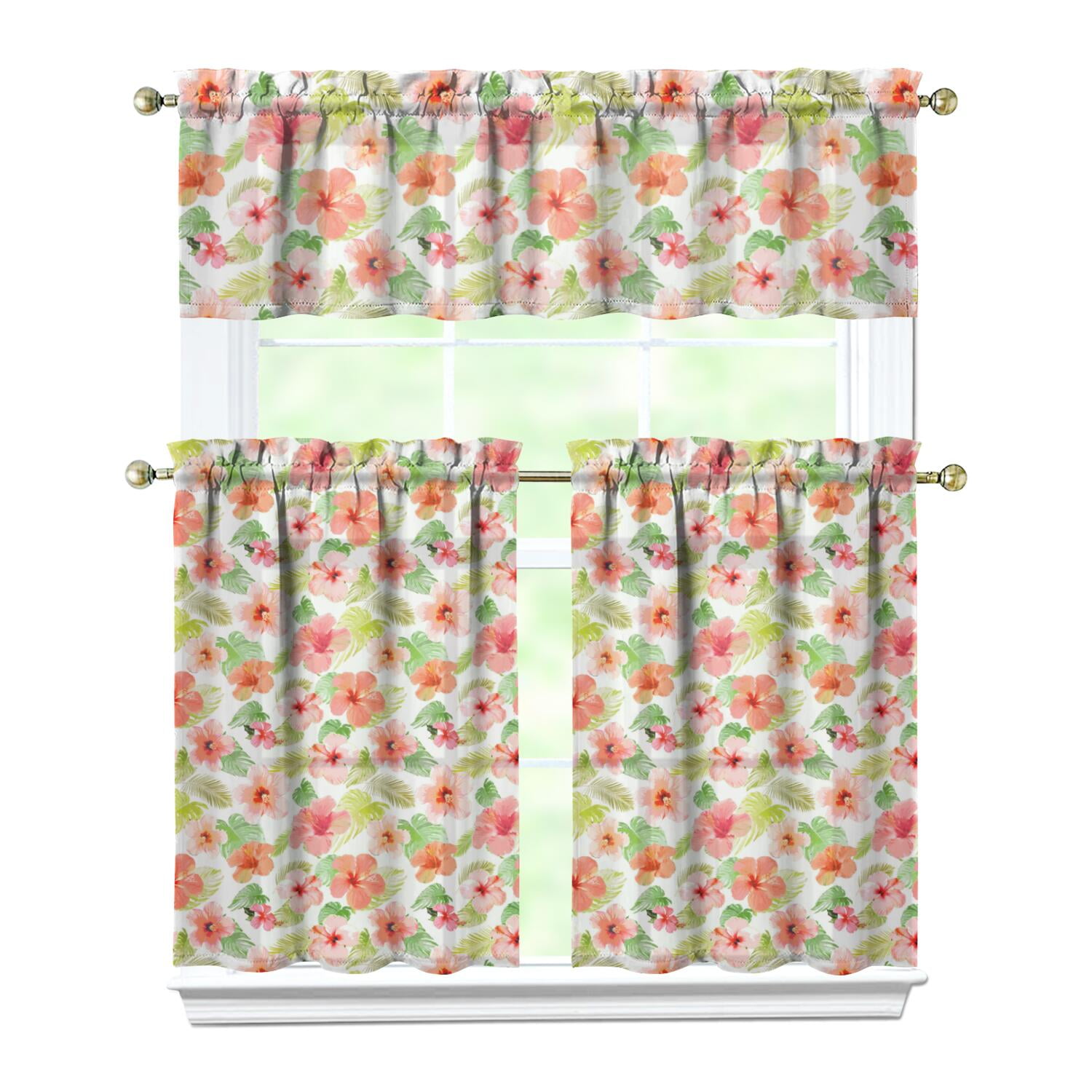 Exotic Floral Kitchen Curtains Set, Rod Pocket Tier and Valance ...