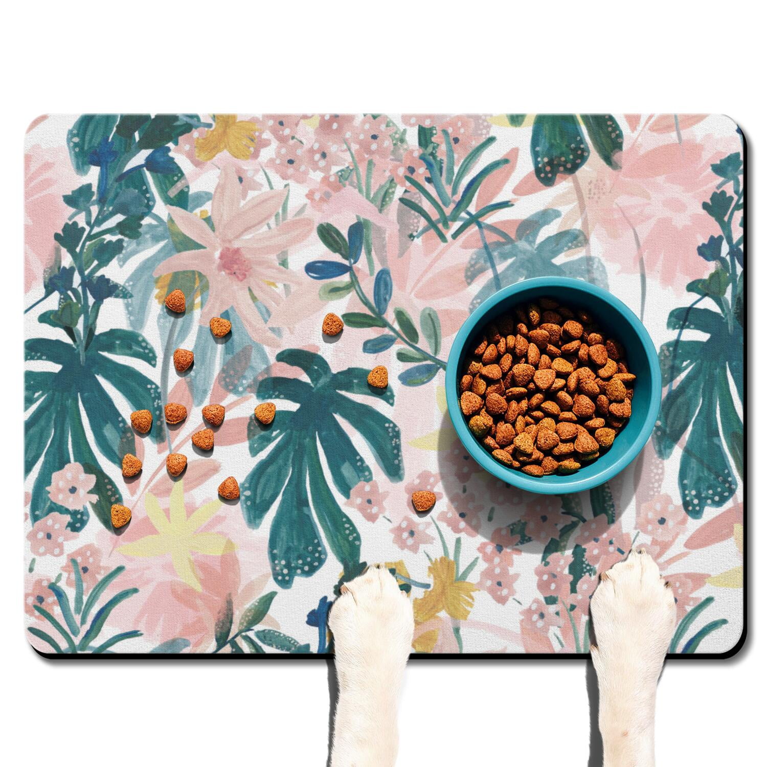 Exotic Floral Pet Feeding Mat Featuring Tropical Botanical and Monstera ...
