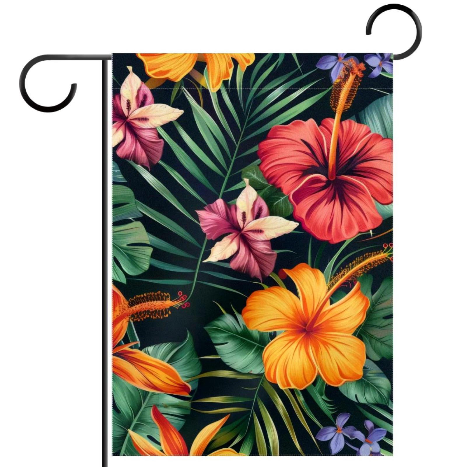 Exotic Flowers Palm Leaves Hibiscus Floral Decorative Garden Flag for ...