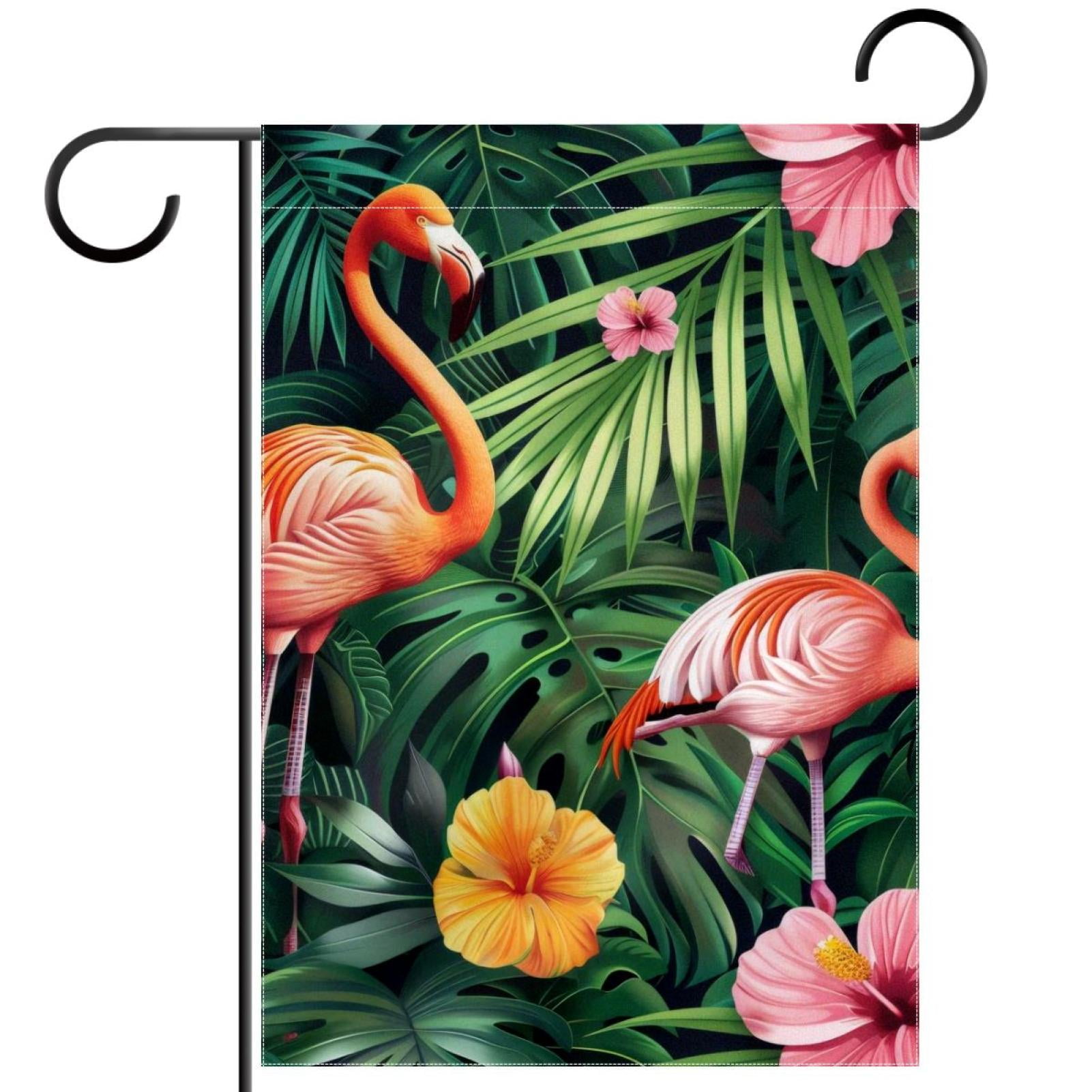 Exotic Flowers Palm Leaves Flowers Pink Flamingos Welcome Garden Flags ...