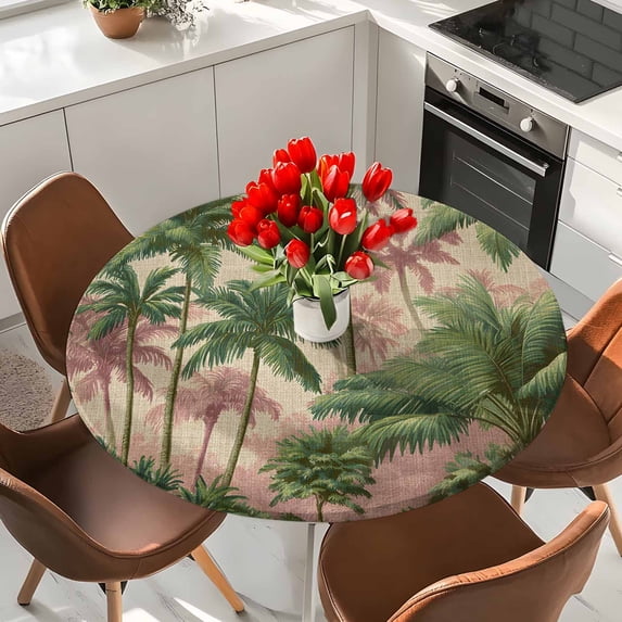 Exotic Forest Green Pink Palms Tree Round Fitted Tablecloth with ...