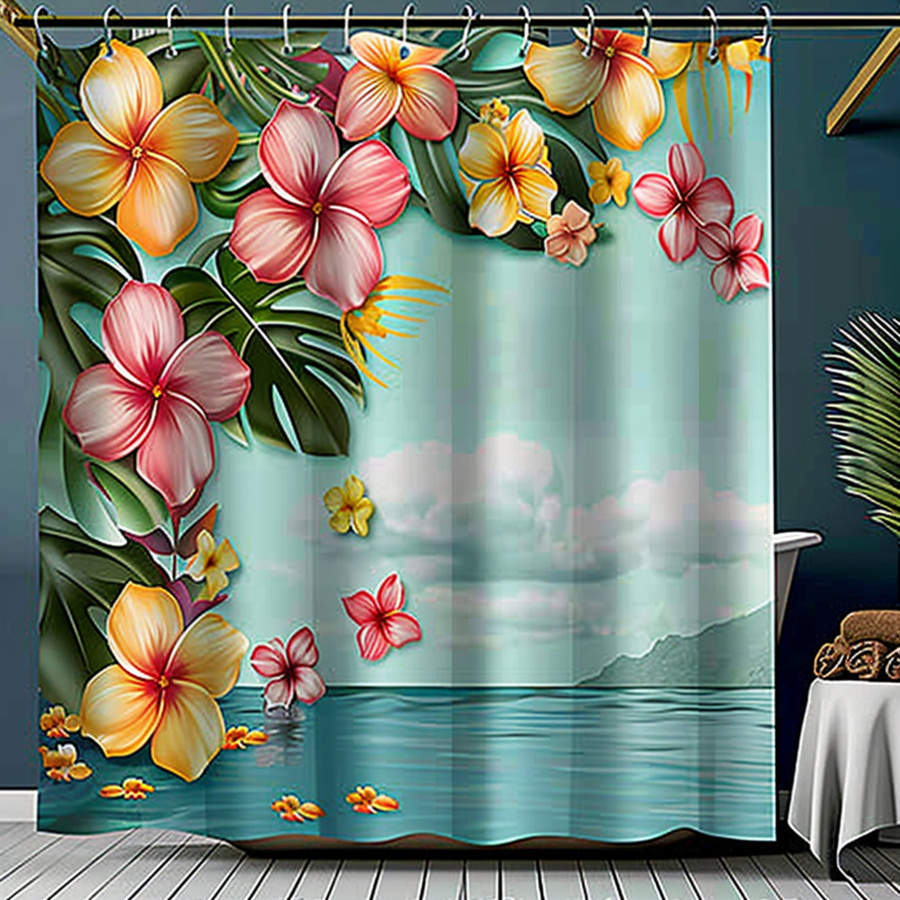 Exotic Hawaiian Floral Shower Curtain Vibrant Tropical Flowers on Blue ...