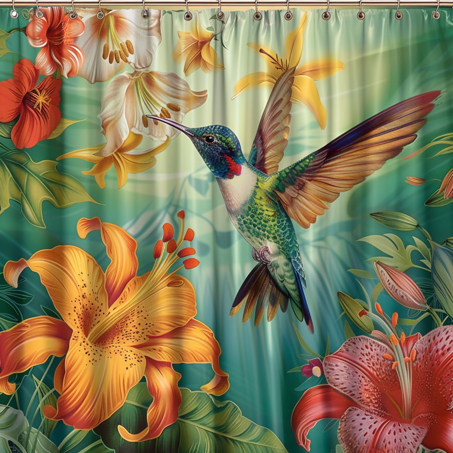 Exotic Hummingbird And Lily Shower Curtain Tropical Floral Bathroom