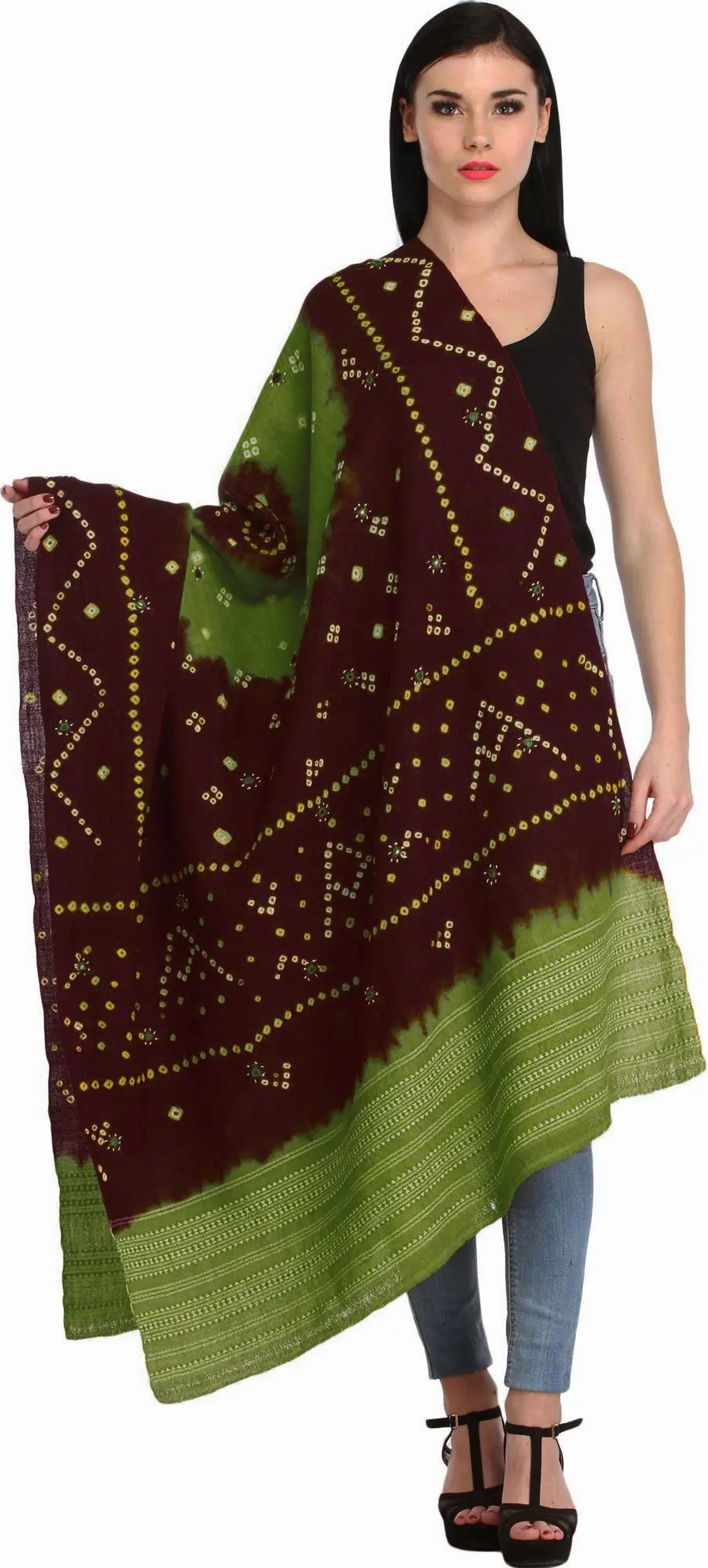 Exotic India Bandhani Tie-Dye Shawl from Kutch with Embroidered Mirrors ...