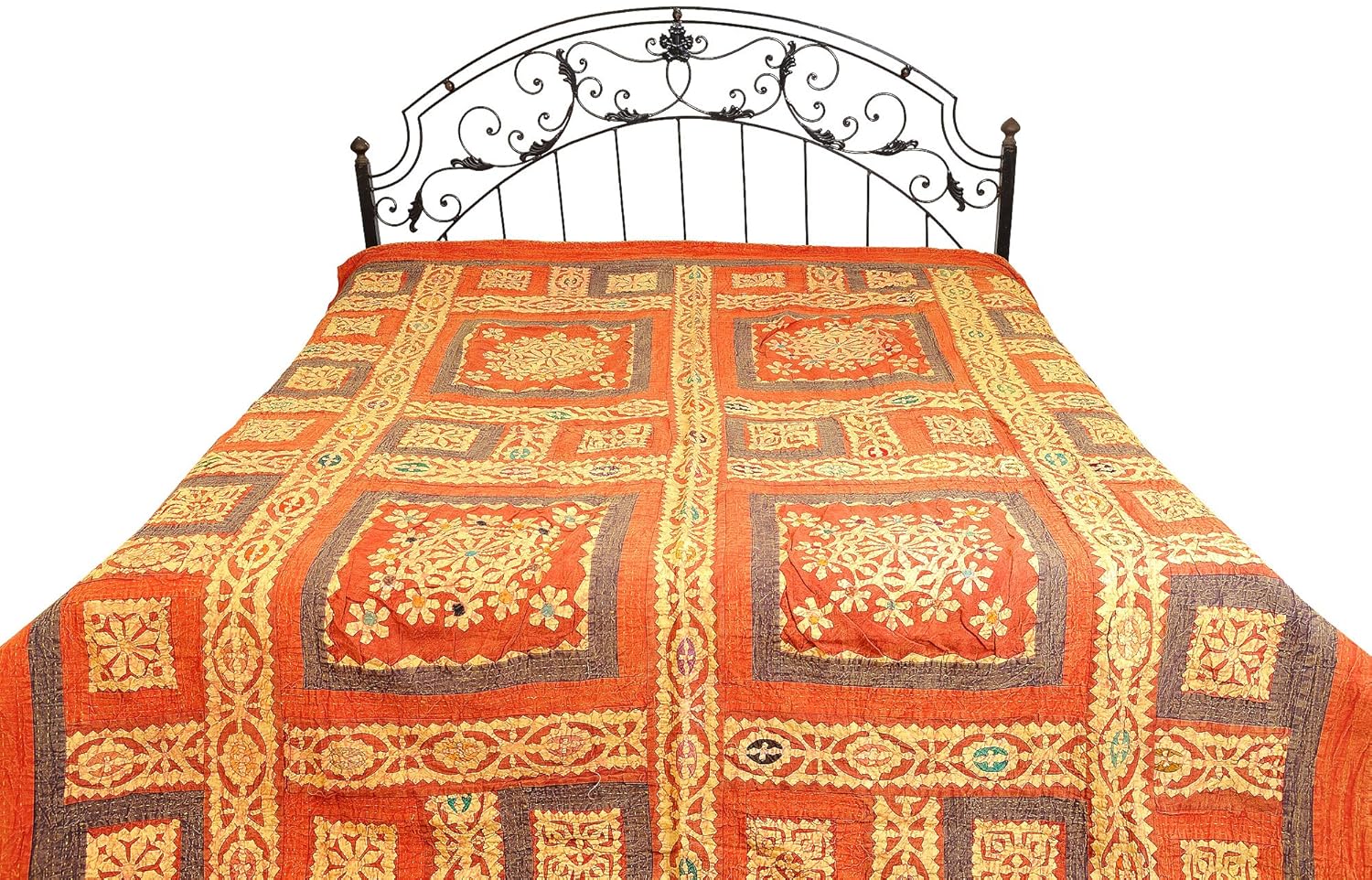 Exotic India Patchwork StoneWashed Bedspread from Gujarat with Flowers ...