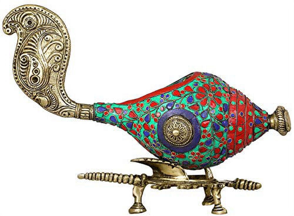 Exotic India Stylized Conch on Stand - Brass Statue with Inlay Work ...