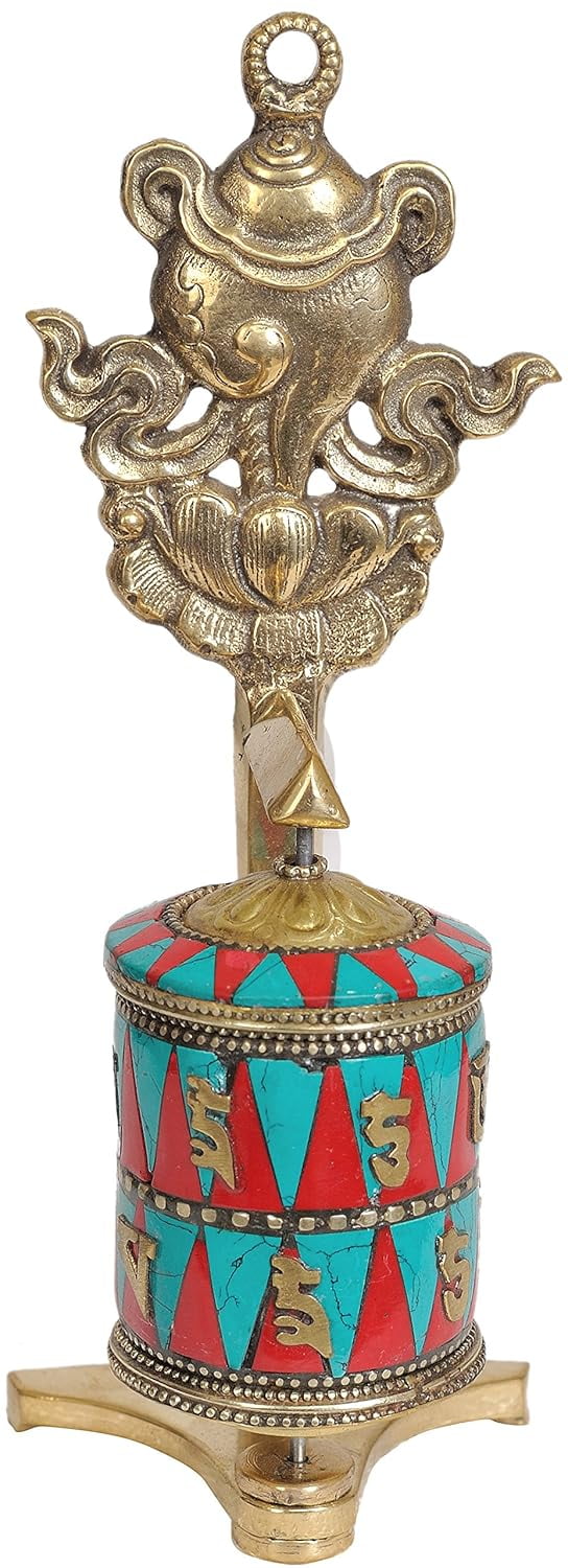 Exotic India Tibetan Buddhist Prayer Wheel with Conch Ashtamangala ...