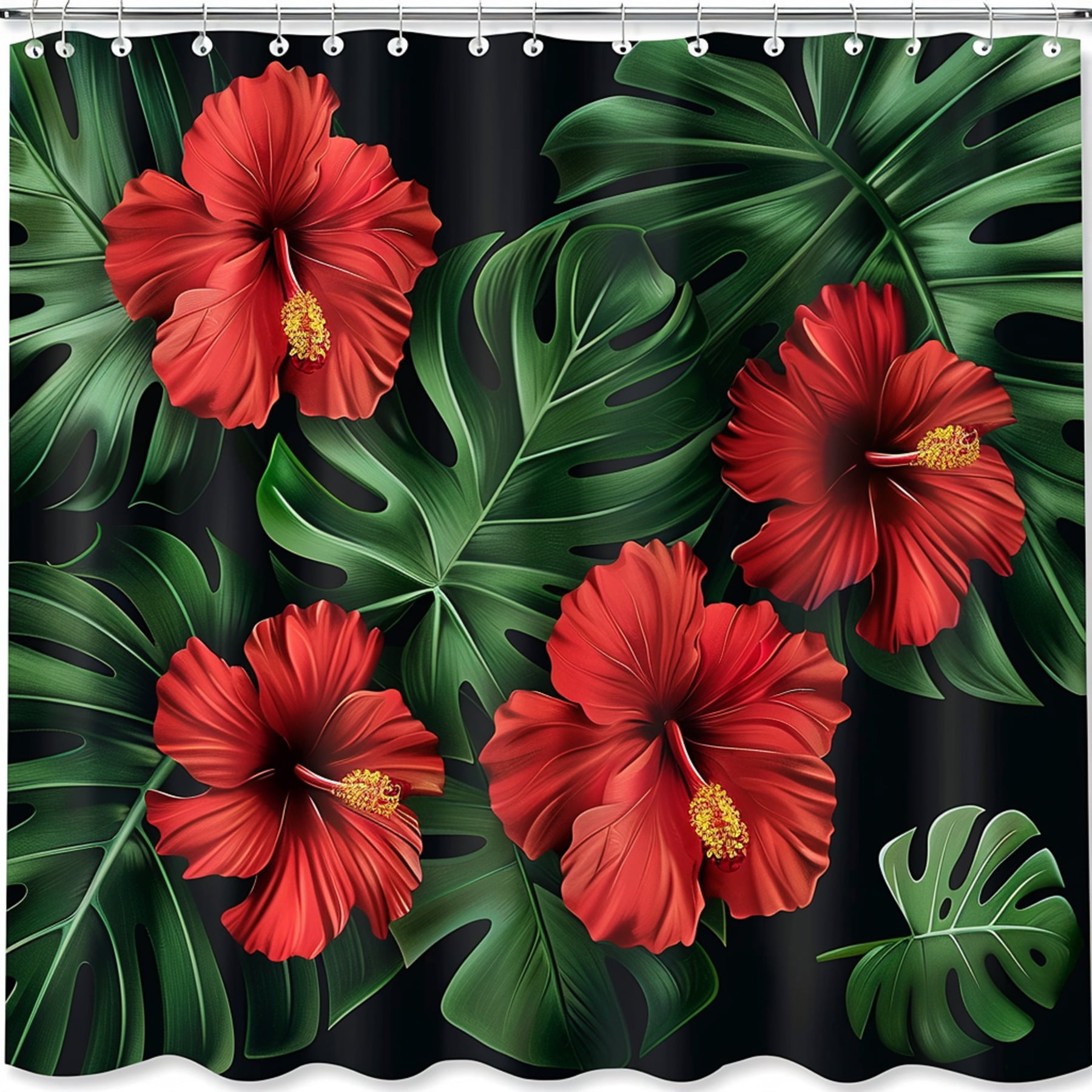 Exotic Jungle Shower Curtain Vibrant Tropical Flowers And Palm Leaves On